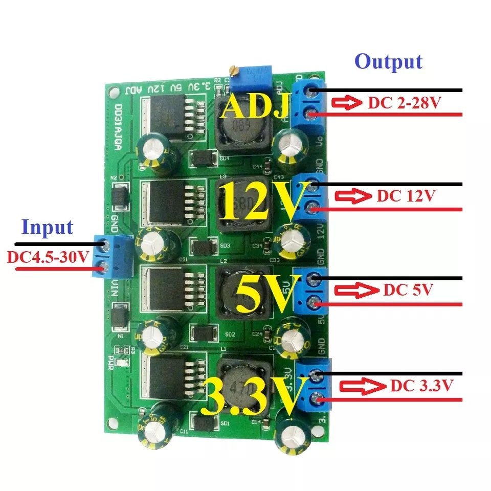 3A 3.3V 5V 12V Adjustable 2- 28V Output Step Down Power Supply Module ...